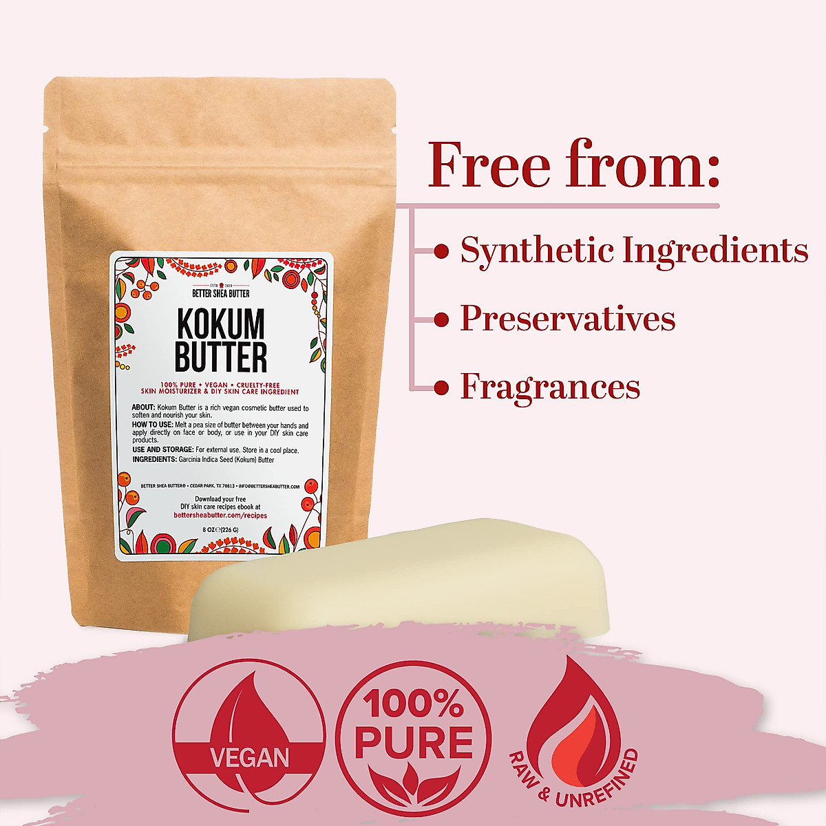 Better Shea Butter Raw Kokum Butter Unrefined - Body Butter Bar for Soap Making and DIY Butter, Skin and Hair Products - Pure, Unscented Skin Butter for Lotion Base - Kokum Butter 8 oz Block