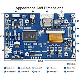 waveshare 4.3inch Capacitive Touch Screen LCD Compatible with Raspberry Pi 5/4B/3B+/3A+/2B/B+/A+/Zero/Zero W/WH/Zero 2W CM3+/4 800×480 Resolution HDMI IPS Supports Jetson Nano/Windows