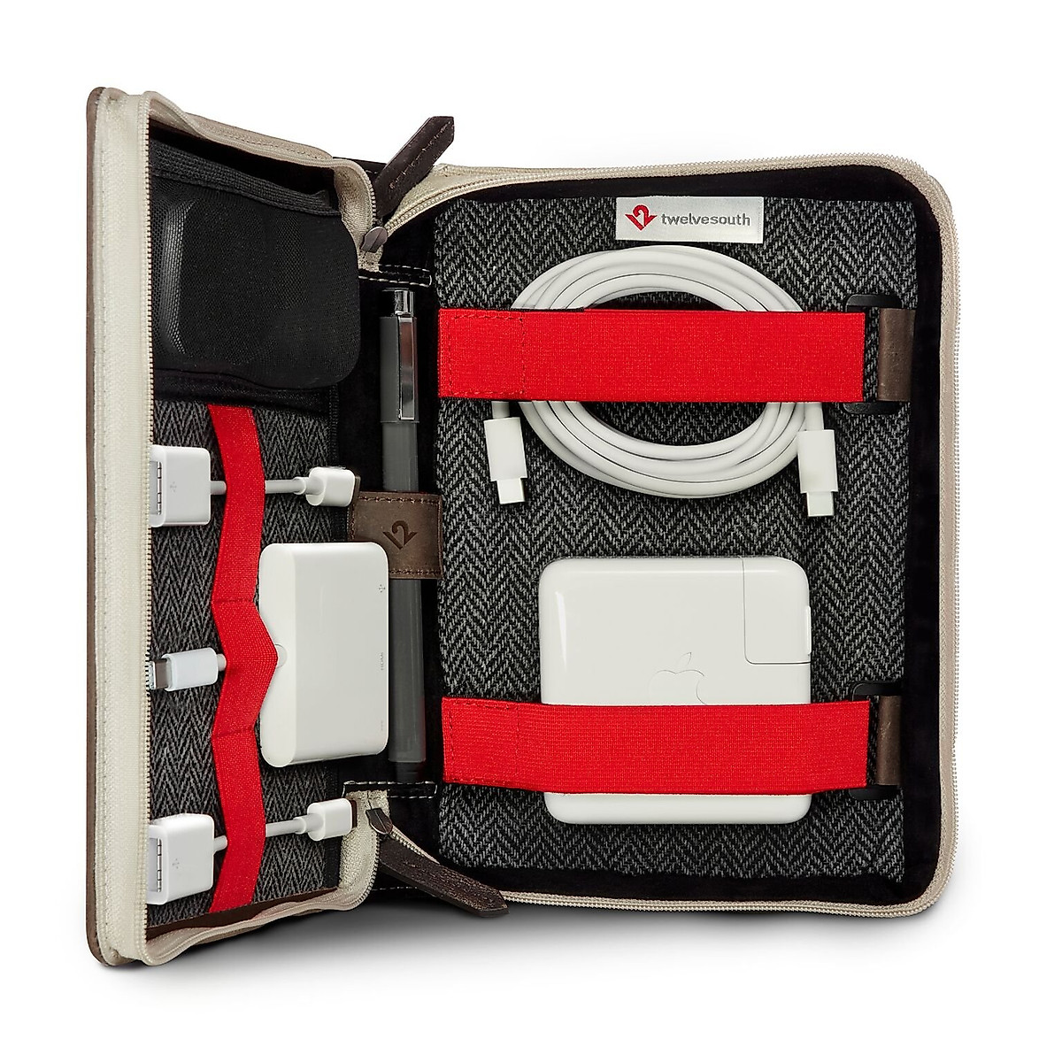 Twelve South BookBook CaddySack | Full-Grain Leather Travel Tote for Chargers, Cables & adapters