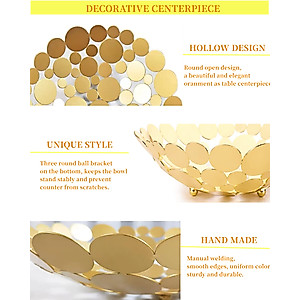 HYOATREA Metal Fruit Basket Bowl for Kitchen Countertop Modern Home Decor Large Round Fruit Storage Stand (Gold)