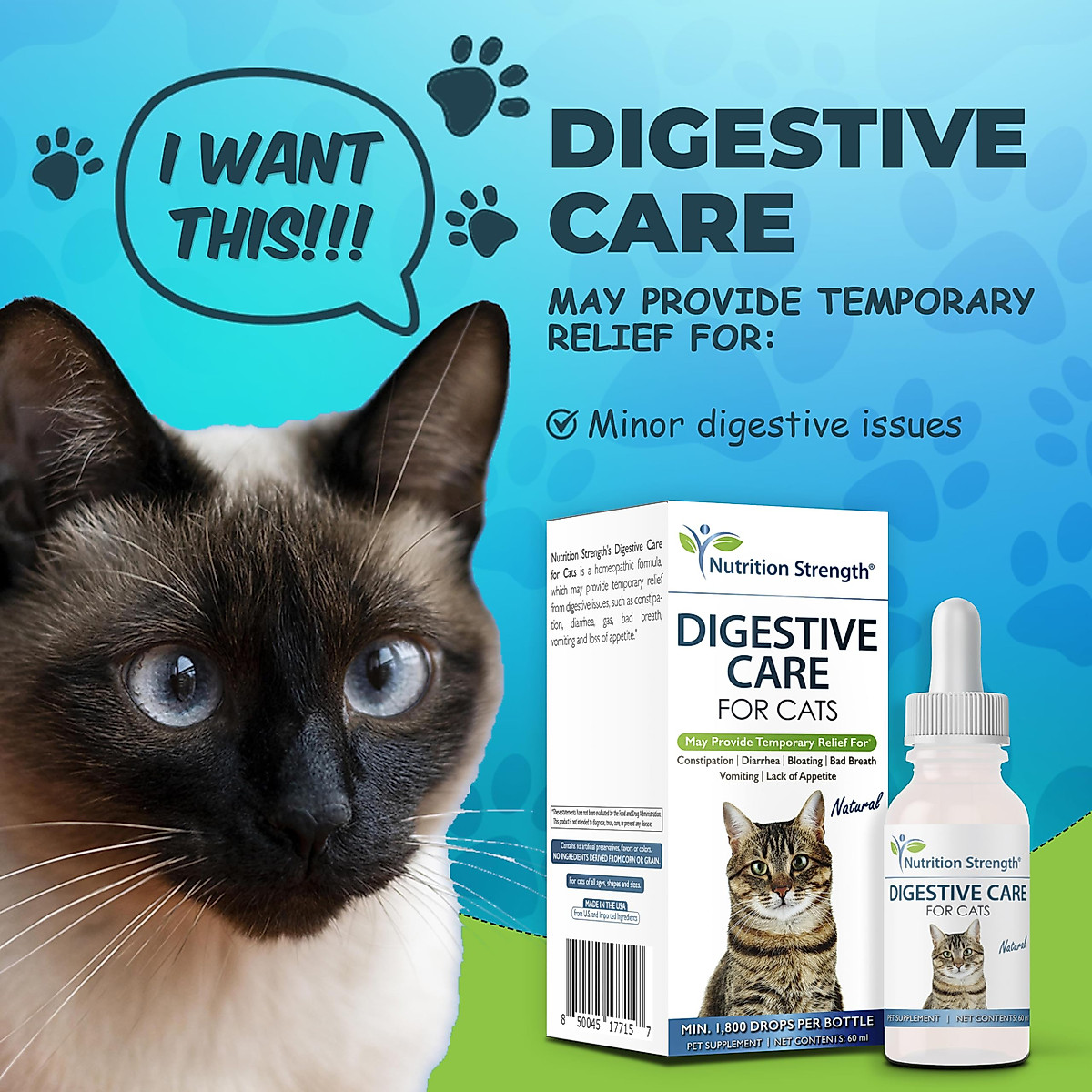 Nutrition Strength Digestive Care for Cats, Natural Constipation Relief for Cats and Kittens & Support for Diarrhea, Bloating, Bad Breath, Vomiting, Lack of Appetite, 60 Milliliters