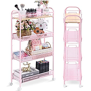 KINGRACK 4-Tier Slim Rolling Cart with Wooden Tabletop, Easy Assemble Metal Utility Cart, Slide Out Narrow Storage Cart for Narrow Space on Bedroom Bathroom Laundry Room Apartments Dormitory,Pink
