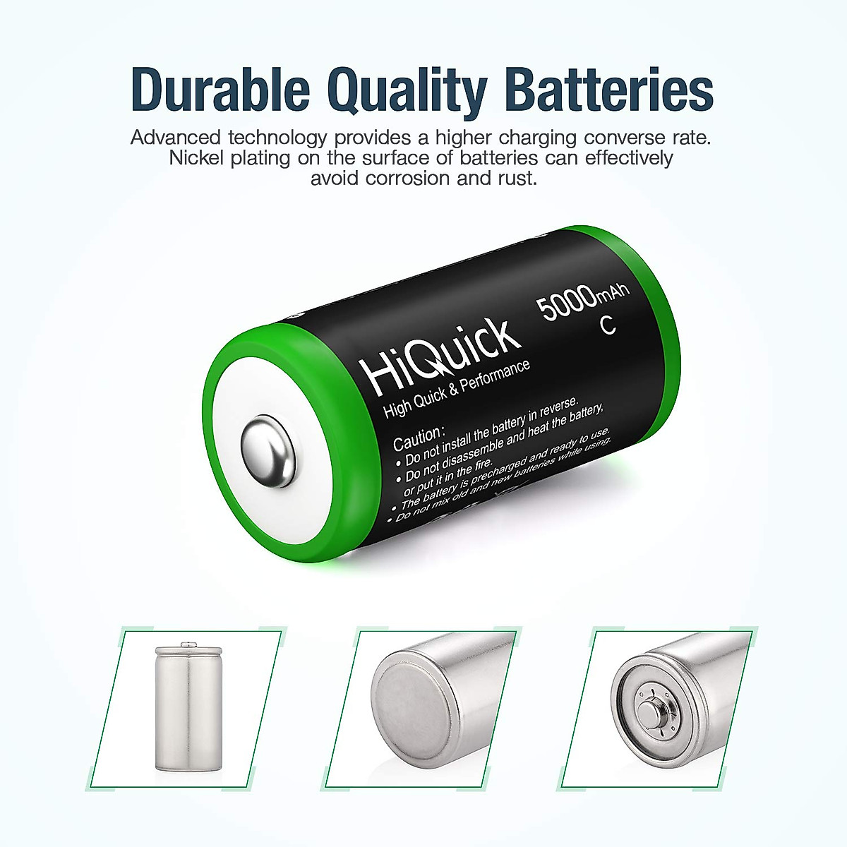 HiQuick C Rechargeable Batteries 5000mAh - 1.2V Ni-MH High Capacity C Size Batteries(Pack of 4)
