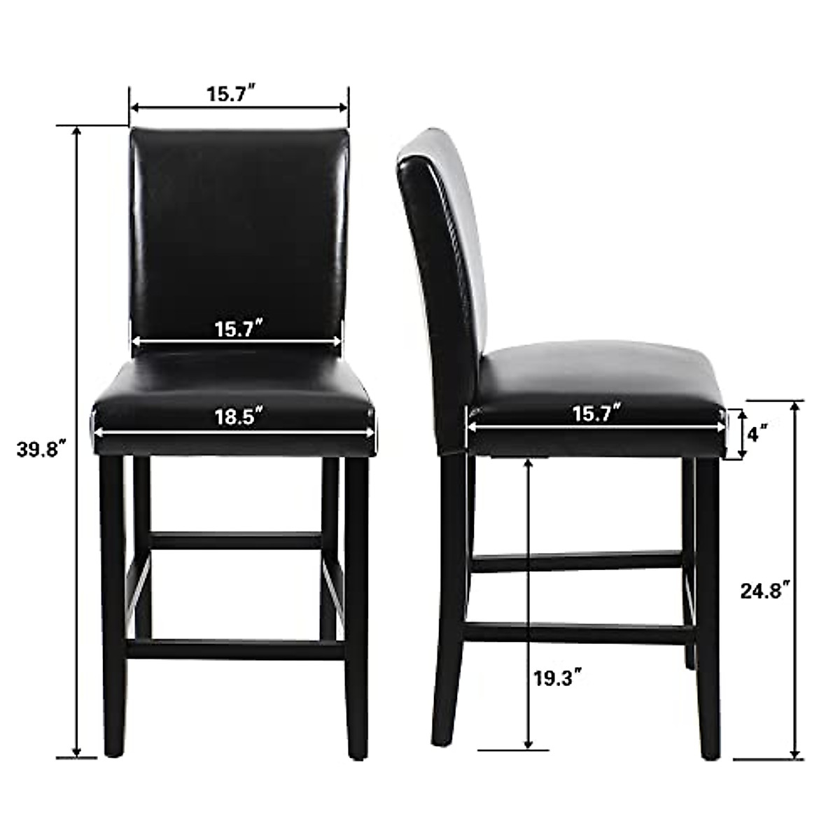GOTMINSI Set of 2 Classic 24 Inches Counter Height Stools Upholstered Bar Stools with Solid Wood Legs and Black Leather Counter Stool(PU Black)