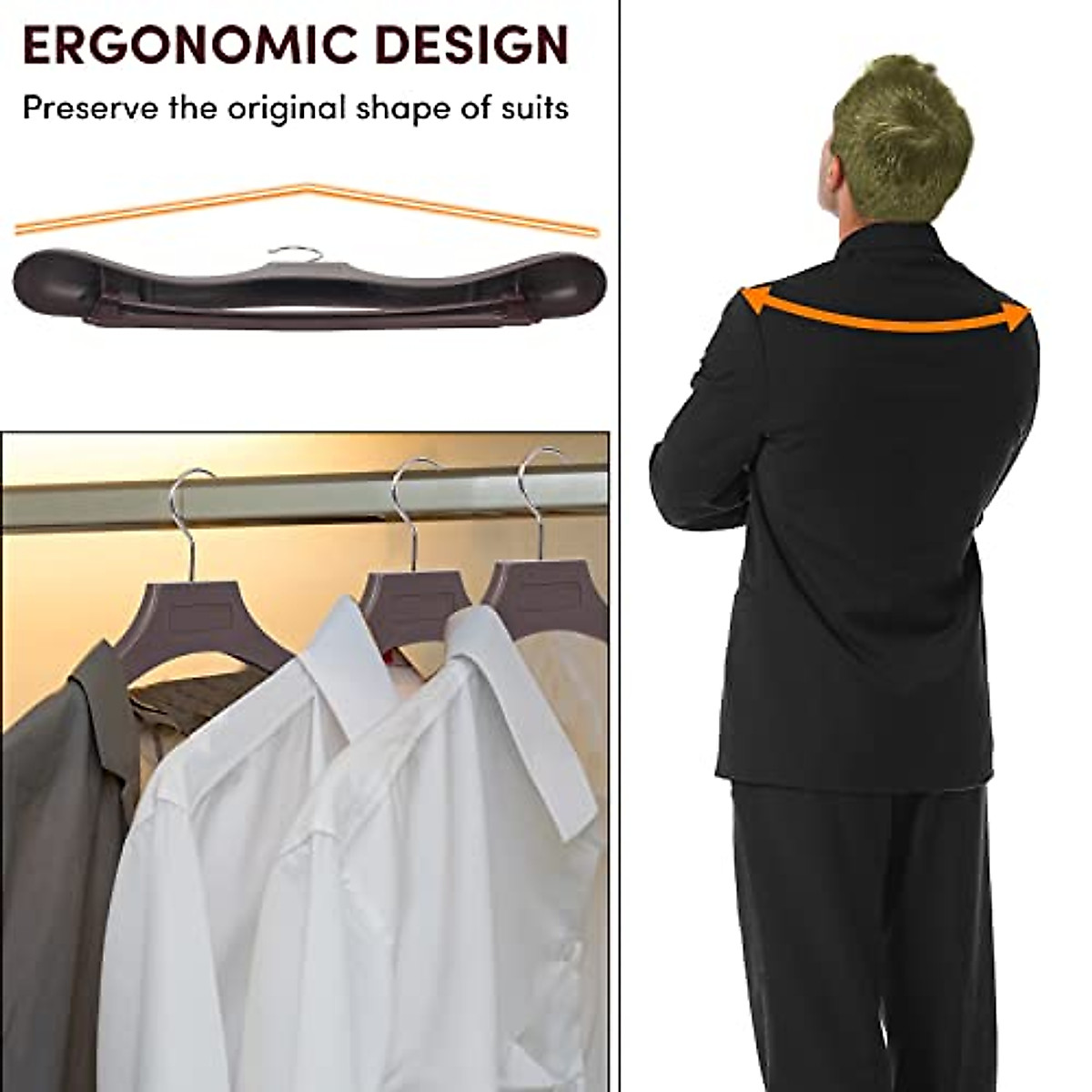 DEDU Plastic Extra Wide Shoulder Suit Hangers for Men 20 Pack Width 17.3", Brown Sweater Hangers no Shoulder Bump Non Slip for Thick Sweaters, Clothes Hangers with Pants Bar 360° Swivel Metal Hook