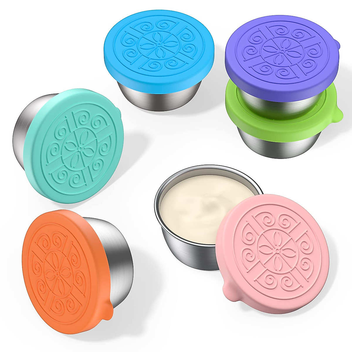 1.7 Oz/50ml Salad Dressing Container To Go, 6 Pack Small Containers with Lids, Reusable Sauce Containers for Lunch Box with Silicone Lids, Stainless Steel Small Food Containers, Leakproof, Sauce Cups