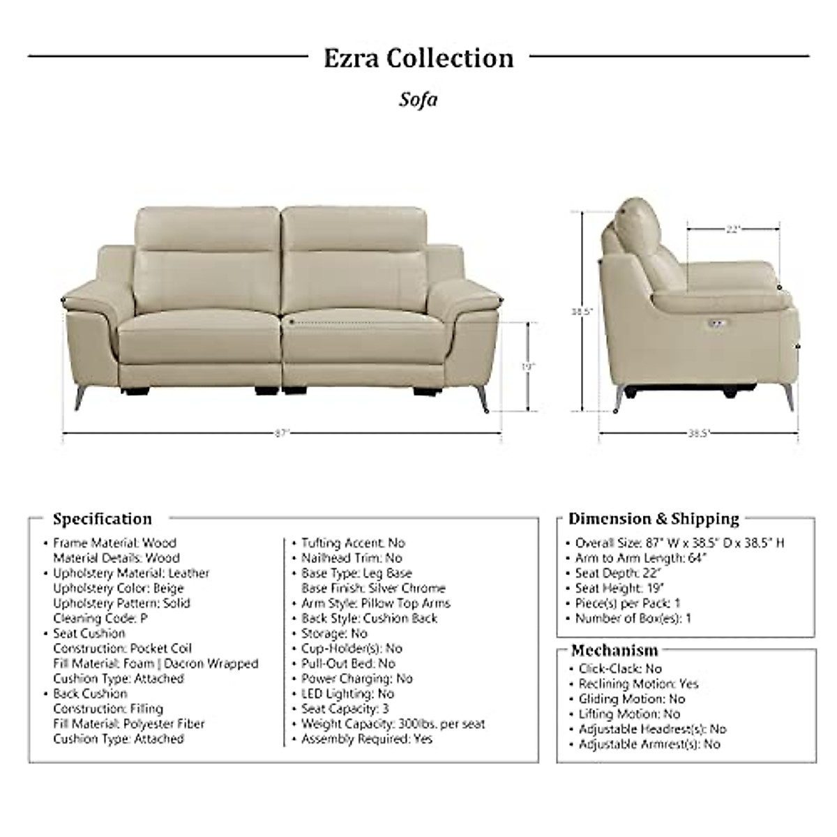 Lexicon Ezra Genuine Leather Power Reclining Sofa, Beige