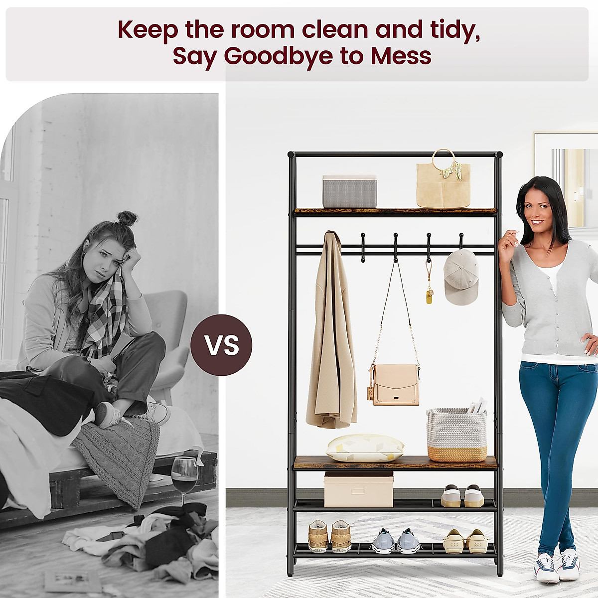 Coat Rack Shoe Bench with 5 Hooks, Entryway Hall Trees with Storage, Multifunctional Hallway Organizer, Wood Look Accent Furniture with Metal Frame, 4-in-1 Hall Trees Shoe Bench (5 Hooks-31.5 In)