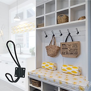 YMAISS 5 Packs of Rustic Heavy Duty Double Coat Hooks,Vintage Wall Mounted Hangers,Metal Decorative Entryway Hat Hook Black Big, Farmhouse Shabby Chic Hanging Look with Screws Included