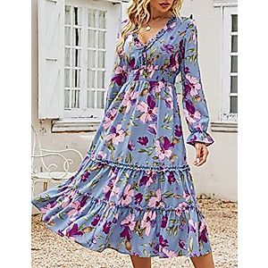 KOJOOIN Womens Long Sleeve Deep V Neck Ruffle Floral Print Maxi Dress High Elastic Waist Flowy Beach Dress Blue M