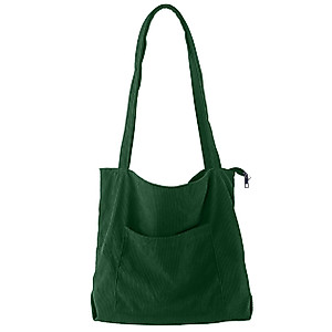 Corduroy Tote Bags for Women with Zipper and Front Pocket Shoulder Handbags Casual Canvas Purse, Green