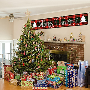 Large Merry Christmas Banner Xmas Outdoor Decorations Double Printed Green Red Buffalo Plaid Trees 120" x 20" Huge Yard Sign Holiday Party Supplies Backdrop Home Decor Ornaments for Garden House Fence Garage Indoor Gifts