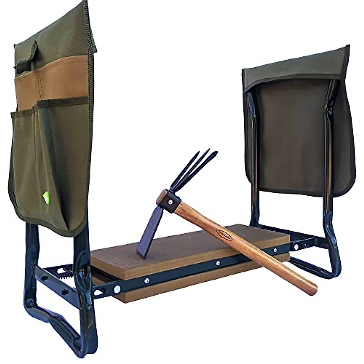 Truly Garden Upgraded Foldable Garden Kneeler and Seat - Includes Cultivator Hoe Garden Tool and Two Tool Pouches. Lightweight and Heavy Duty with Comfortable EVA Foam Pad