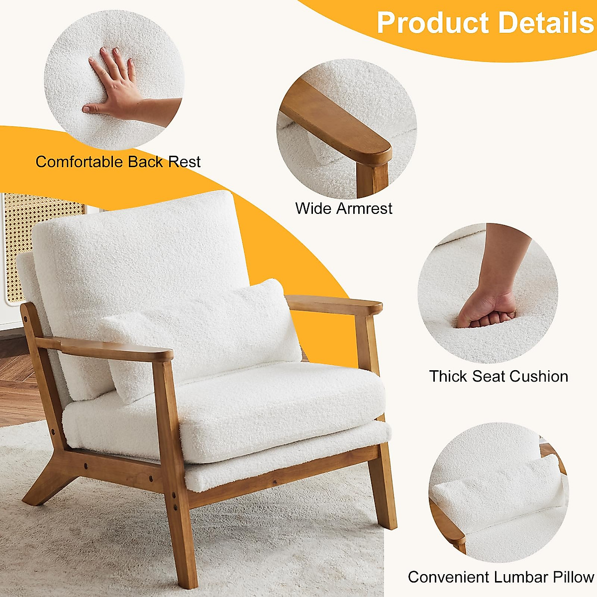 Karl home Accent Chair Wide Armrest Mid-Century Lounge Chair Teddy Fleece Armchair with Lumbar Pillow & Solid Wood Frame for Living Room, Bedroom, Balcony, White