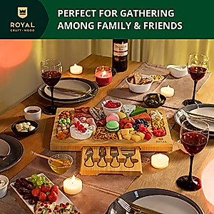 Unique Bamboo Cheese Board, Charcuterie Platter & Serving Tray Including 4 Stainless Steel Knife & Thick Wooden Server - Fancy House Warming Gift & Perfect Choice for Gourmets (Bamboo)