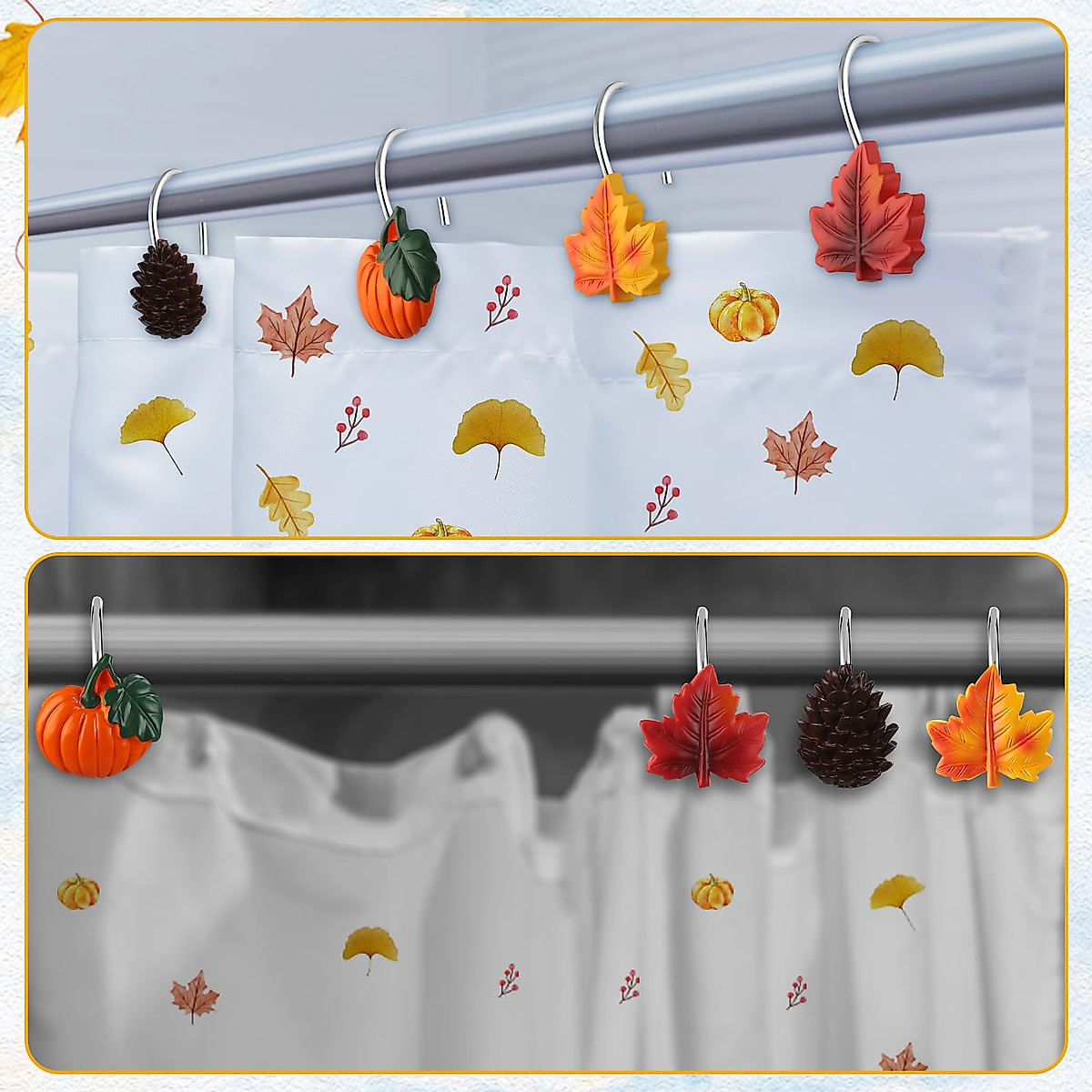 16 Pcs Thanksgiving Shower Curtain Hooks Maple Leaf Decorative Shower Curtain Hooks Farmhouse Autumn Fall Pumpkins Pinecone Metal Rustproof Shower Curtain Rings for Bathroom Bedroom Room