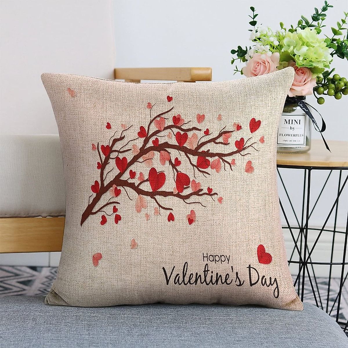 Happy Valentine's Day Throw Pillow Covers 18×18 Pillowcases Set of 2 Love Heart Branch Linen Decorative Square Pillow Case Cushion Covers Standard Size for Sofa Couch Outdoor Bed Pillow Protectors