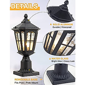 GYDZ Post Light Outdoor with 3-Inch Pier Mount Base, 17''H Exterior Post Light Fixture,Waterproof IP65 Classic Die Cast Aluminum with Water Ripple Glass, E26 Base 60W Max,Matte Black
