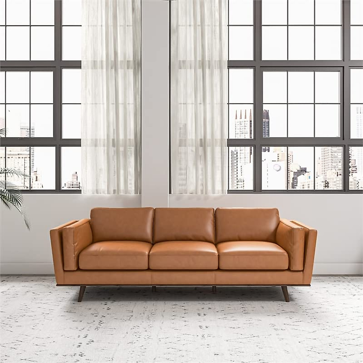 Allora Mid-Century Modern Brooklyn Genuine Italian Tanned Leather Living Room Lounge Sofa, 89 inch W, in Cognac Tan Brown