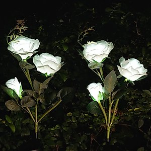 LoveNite Solar Rose Garden Lights, 2 Pack Realistic Solar Flower Lights, Waterproof LED Decorative Stake Landscape Lights for Patio Pathway Grave Cemetery Outdoor Decor (White)