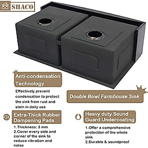SHACO 33 Inch Black Double Farmhouse Sink, 33x21 Gunmetal Black Divided 50/50 Farmhouse Kitchen Sink, 304 Stainless Steel 9 Inch Deep Double Basin Apron Front Farm Sink for Kitchen
