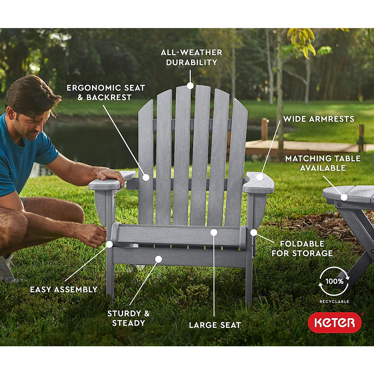 Keter Willoughby Folding Adirondack Chair with Weatherproof Finish, Outdoor Furniture for Entertaining by The Pool, Patio, and Fire Pit, Easy Assembly for Sturdy and Steady Outdoor Seating, Gray