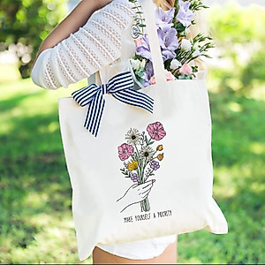 Andeiltech Canvas Tote Bag for Women Aesthetic Floral Tote Bag Wildflower Printed Book Lover Shoulder Reusable Grocery bags