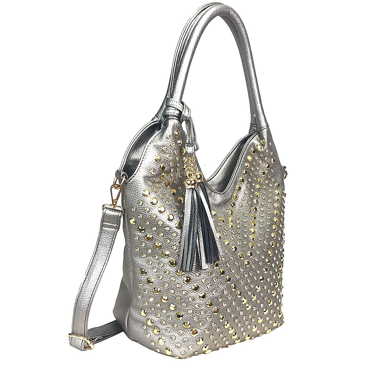 Zzfab Gem Studded V Chevron Tall Hobo Sparkle Purse (Pewter)