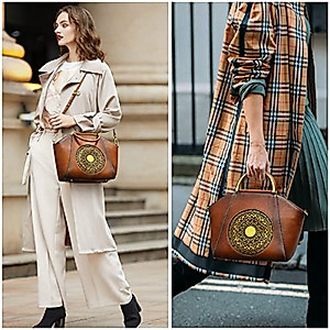 Genuine Leather Handbags for Women, Organizer Top Handle Satchel Vintage Embossing Totem Shoulder Bag Medium