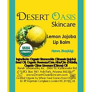 2-Pack Organic Lemon Lip Balm - USDA Certified Organic, 70% Organic Jojoba Oil, Organic Beeswax, Soothes and Softens Dry, Cracked, and Sensitive Lips, Natural Lemon Scent No Taste. 0.15 oz/4.6 gm