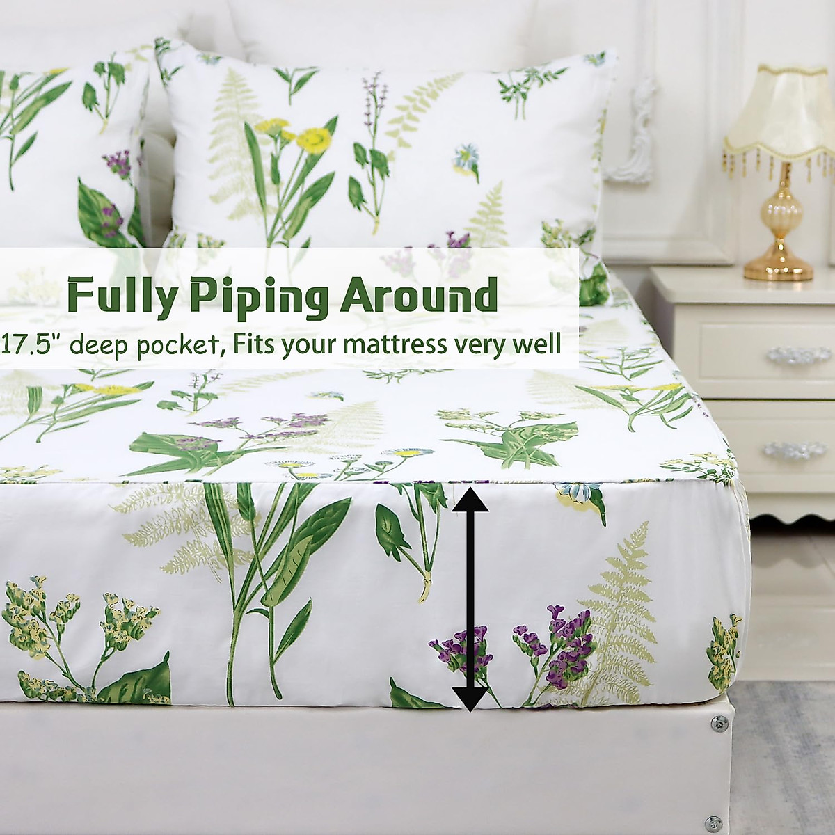 FADFAY California King Size Sheets Set Premium 100% Cotton Green Floral Bed Sheet Botanical Lavender Leaf Daisy White Deep Pocket Fitted Sheet Soft Shabby Sheets Pillowcases Set 4Pcs, Cal King