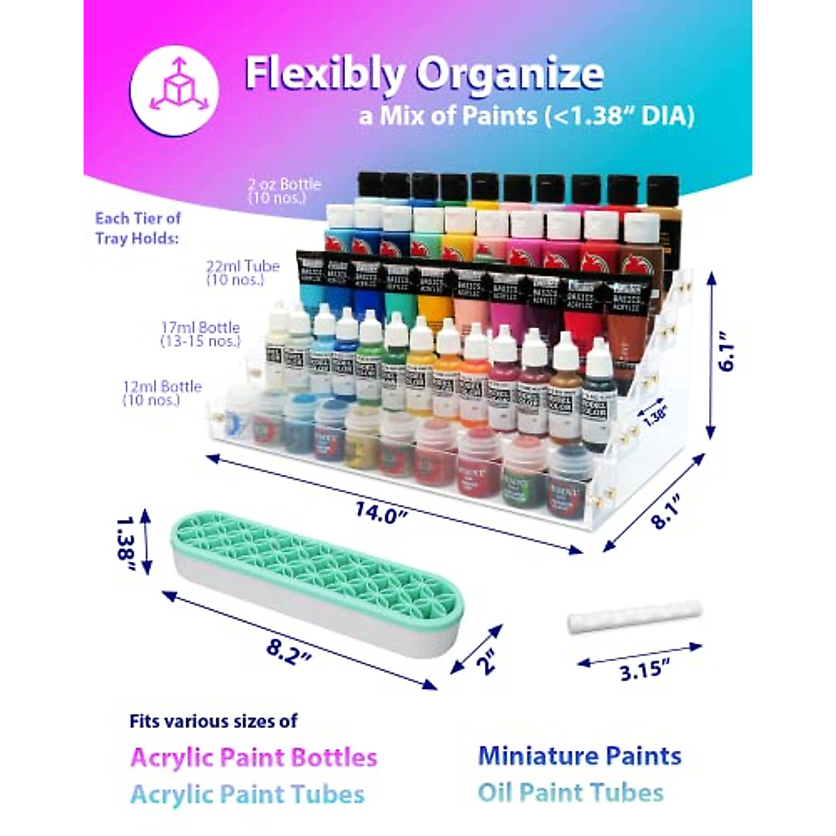 tinctor Paint Organizer & Paint Brush Holder. Perfect Paint Holder & Paint Brush Organizer for Acrylic Paint Storage, Craft Paint Storage, Paint Rack for 2 oz Bottles (Ocean Green)