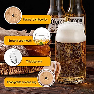 RLCOEUS Set of 4 Drinking Glass Cup with Bamboo Lids and 6 Glass Straws - Can Shape Beer Glasses for Smoothie, Whiskey, and Cocktails, 2 Cleaning Brushes