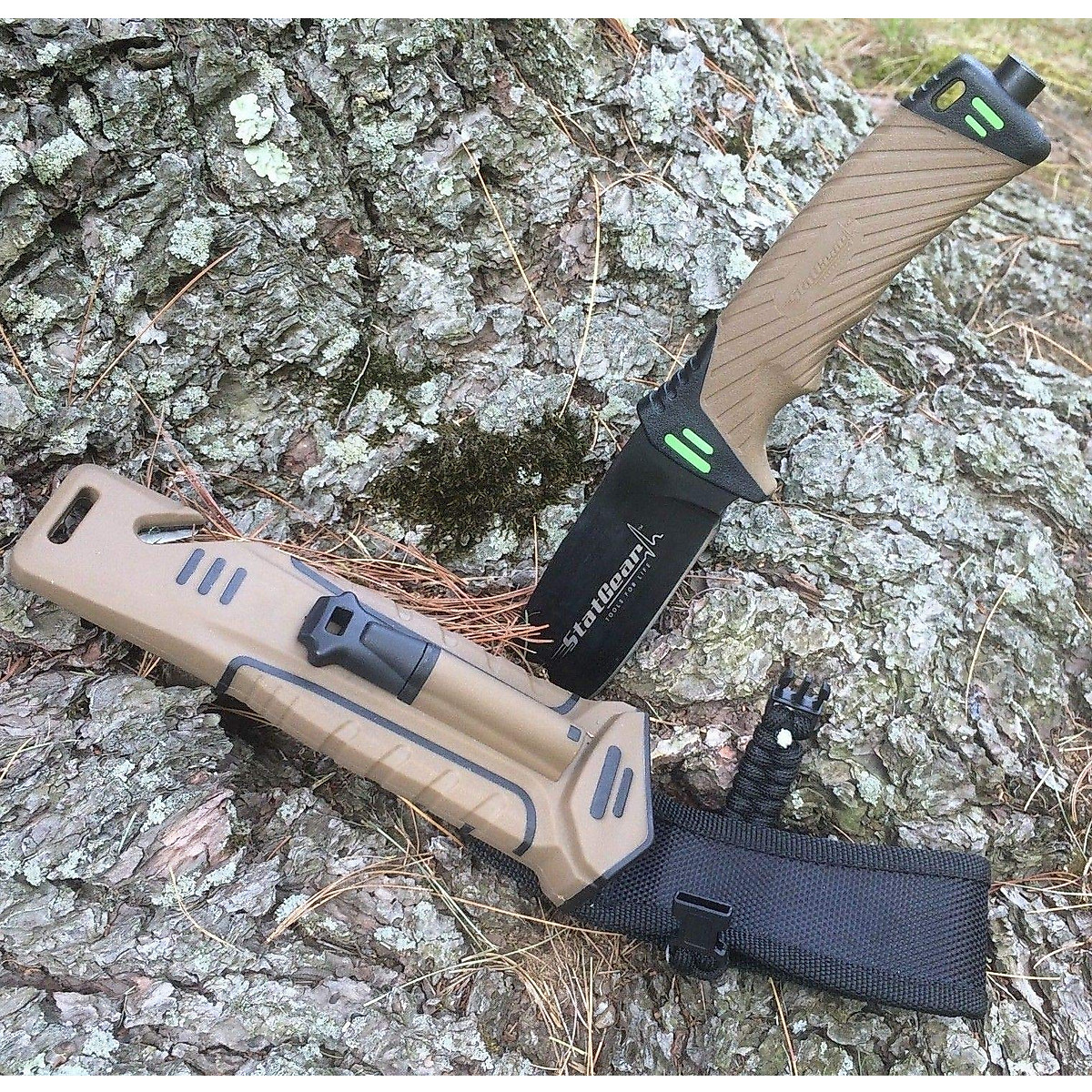 StatGear Surviv-All Fixed-Blade Bowie Knife with Sheath, Firestarter, Sharpener & Cord Cutter for Hunting Camping Outdoors Hiking EDC