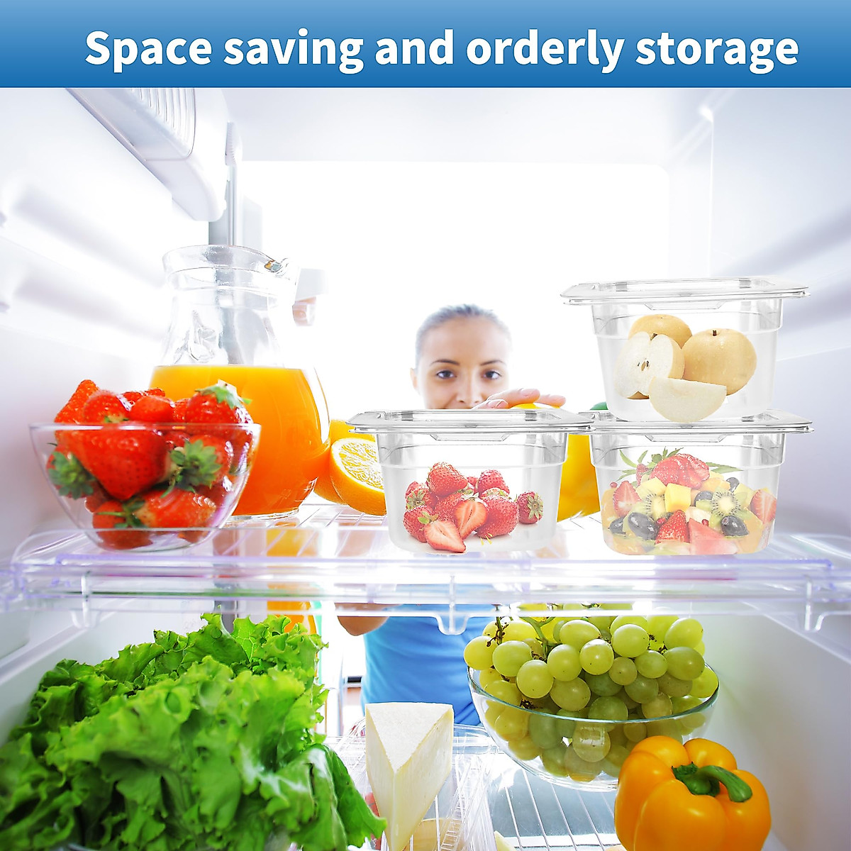 KEJJNYER 6 Pcs Plastic Food Pan with Lid, 4'' Deep Stack Clear Salad Bar Containers Commercial Plastic Restaurant Containers for Food Fruits Vegetables(1/6 Size)