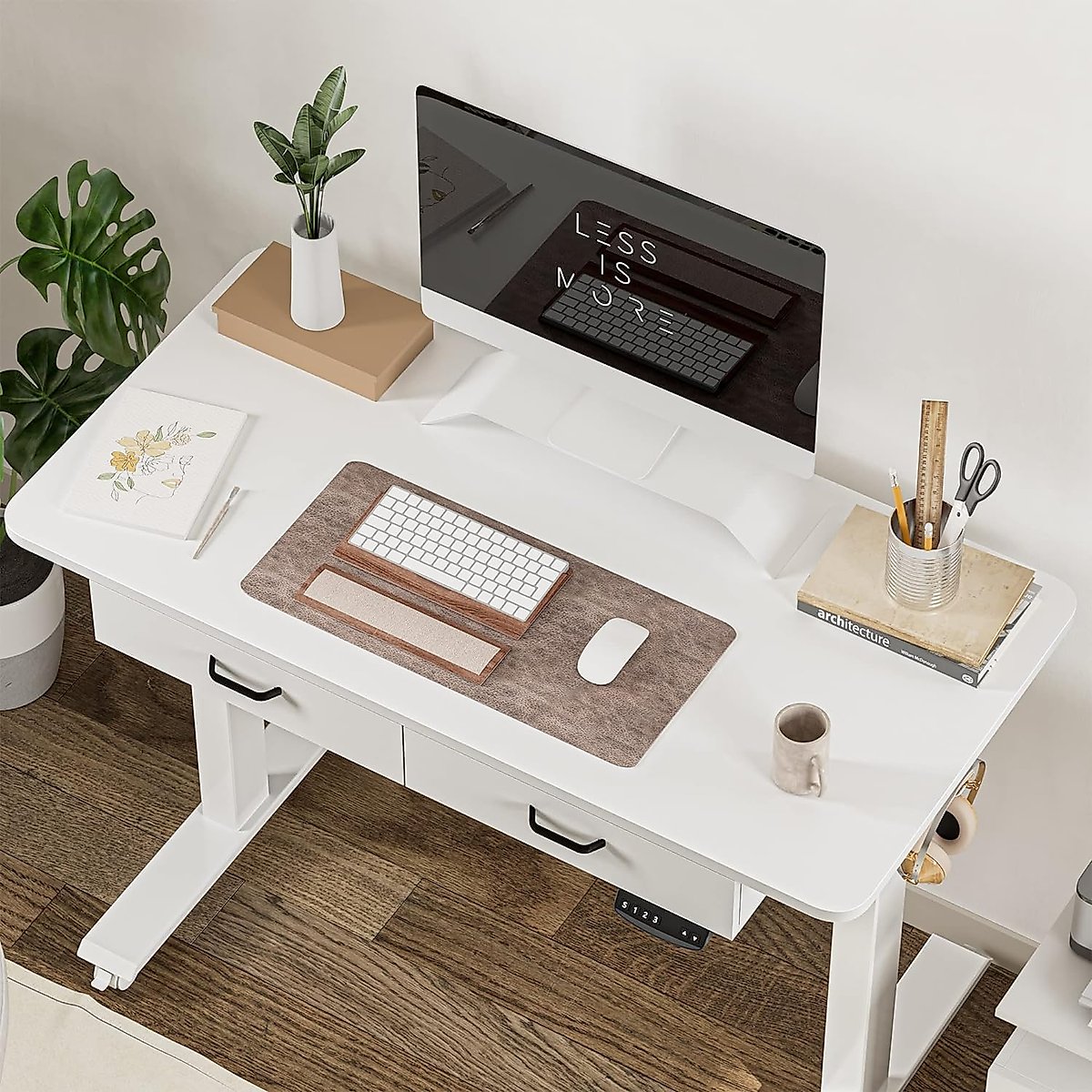 BANTI 48'' Adjustable Height Electric Standing Desk with Double Drawer, Stand Up Home Office Desk with Splice Tabletop, White