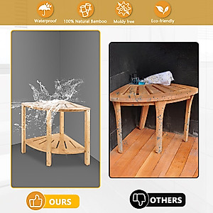 Shower Foot Rest, Bamboo Corner Shower Bench for Shaving Legs, Shower Stool with Storage Shelf for Inside Shower- Waterproof Bath Shower Seat for Bathroom