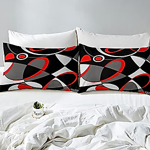 5Pcs Red Grey and Black Duvet Cover Set Full Size & Curtain Set: 1 Duvet Cover + 2 Pillowcase + 2 Panels of 42 W x 63 L inch Each