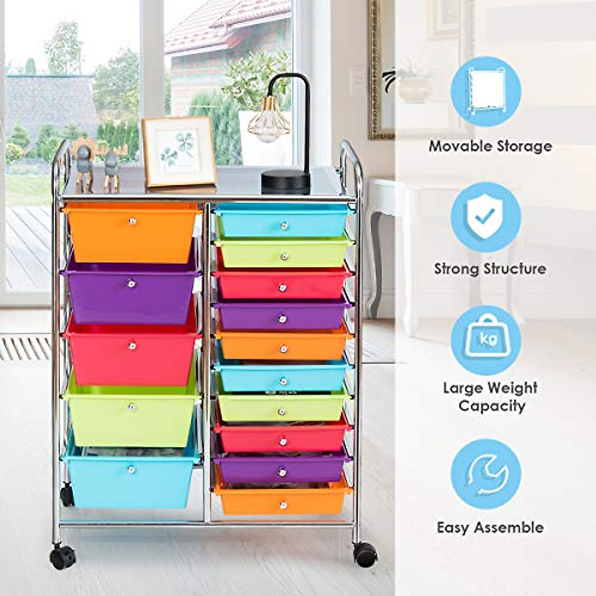 Giantex 15-Drawer Organizer Cart Office School Storage Cart Rolling Drawer Cart for Tools, Scrapbook, Paper (Multicolor)