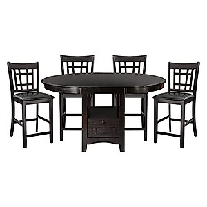 LCH Round Traditional Design Dark Cherry Finish Dining Set with Shelf,5pc Table with Extension Leaf and 4 Counter Height Chairs with Backrest,Additional Storage Space,Brown Mix