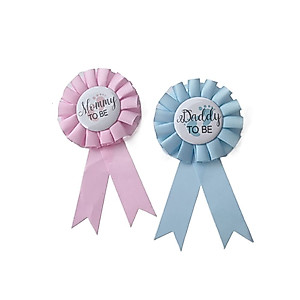 2 Pieces Daddy and Mommy to Be Tinplate Badge Pin, Gender Reveal Rosette Button Pins New Mom Gifts for Baby Shower Party Favor Decoration (Pink Blue)