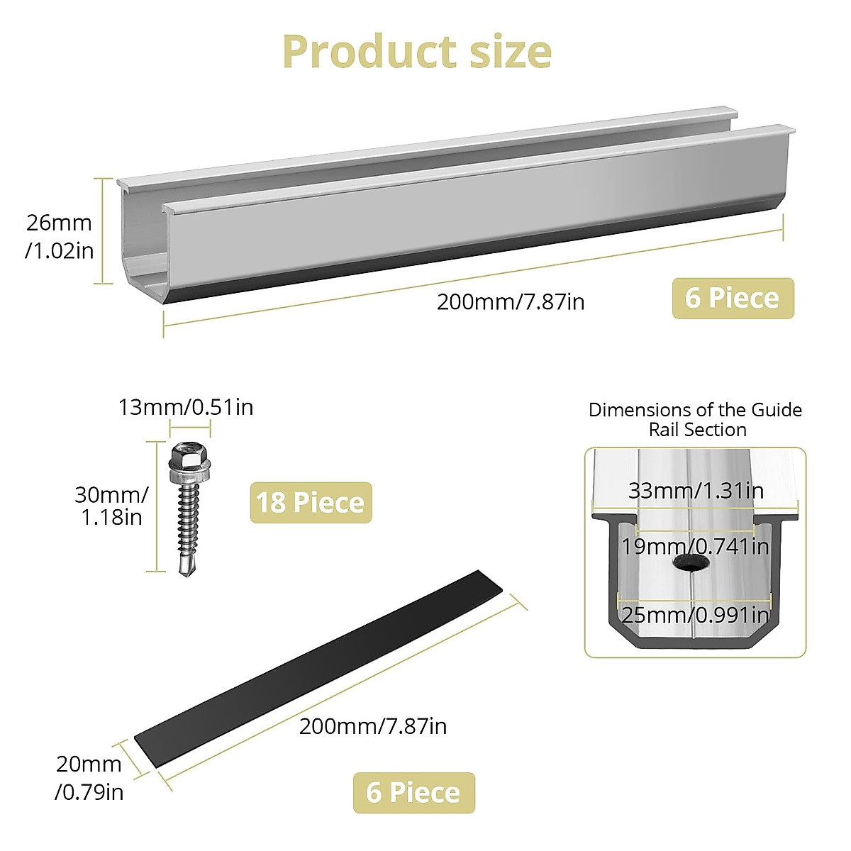 Anbte 6Pcs 7.87in Solar Panel Mounting Rail, Aluminum Solar Panel Mounting Brackets Include M5.5*30mm Screws + Rubber Pads, Solar Panel Brackets Kit for Metal Roof, Tin Roof, Flat Roof, Sheet Roof