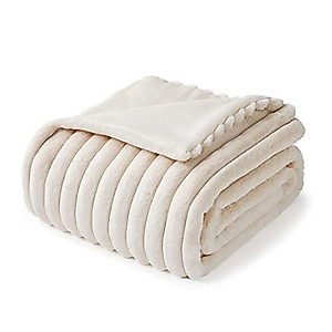 Amélie Home Luxury Jacquard Stripe Faux Fur Throw Blanket, Soft and Warm Thick Furry Throw Blankets in Fall Winter, Woven Fluffy Plush Blanket for Sofa Couch Bed Living Room, Ivory, 50"x 70"