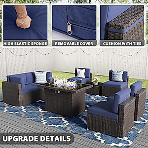 Vakollia 8 Pieces Patio Furniture Set with 44" Propane Gas Fire Pit Table, Outdoor Sectional Brown Rattan Wicker Conversation Sofa Sets with Coffee Table