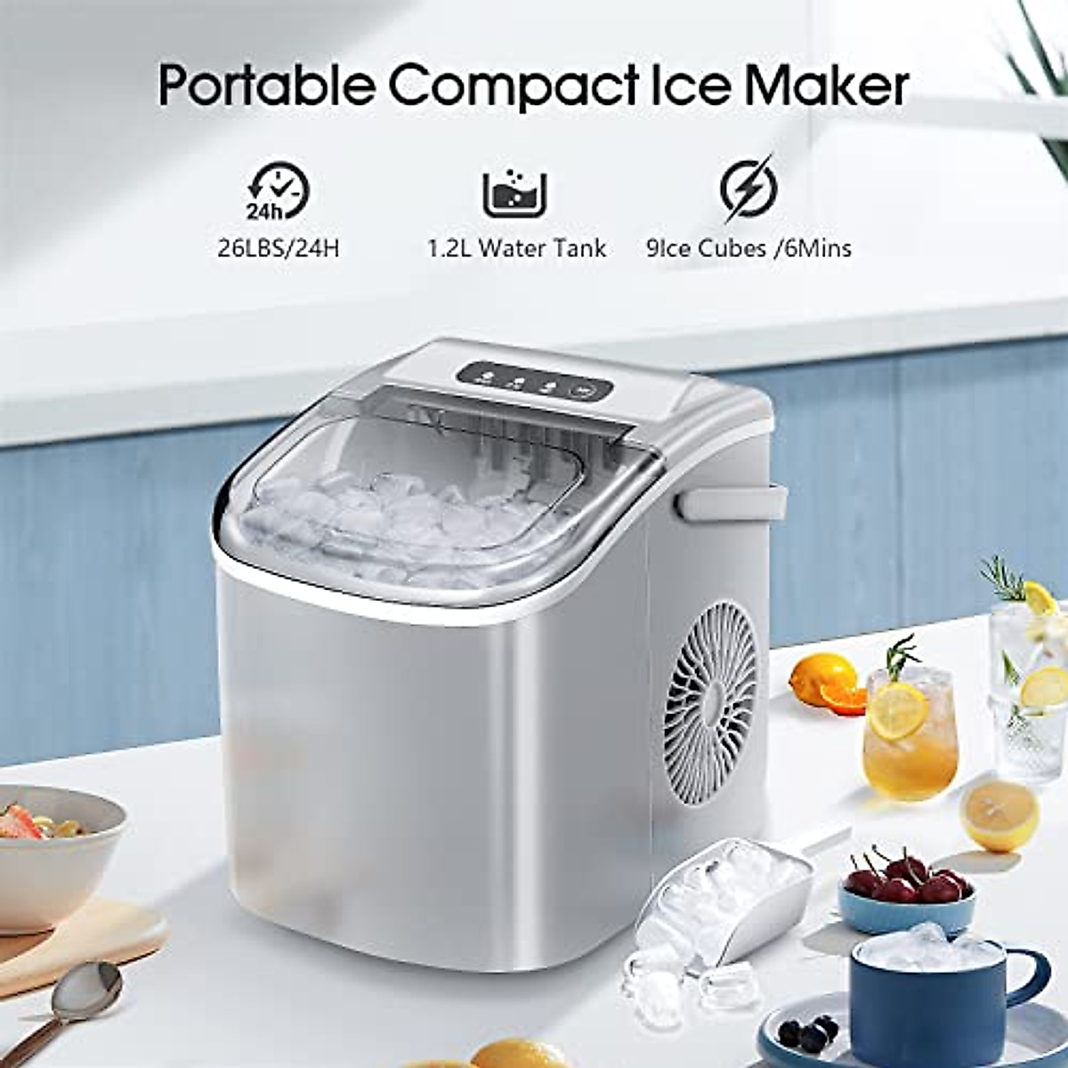AGLUCKY Ice Makers Countertop,Portable Ice Maker Machine with Handle,Self-Cleaning Ice Maker, 26Lbs/24H, 9 Ice Cubes Ready in 8 Mins, for Home/Office/Kitchen(Grey)
