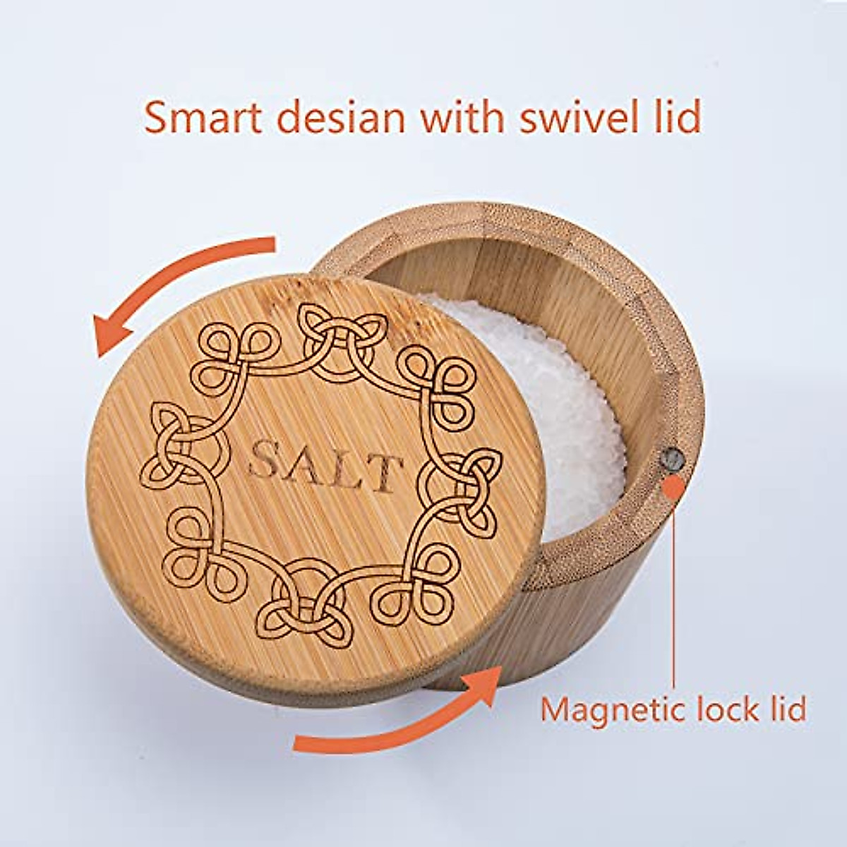TENSITY Salt Box, Bamboo Storage Box with Magnetic Swivel Lid, Bamboo Seasonings Box with Mini Spoon (Celtic Knot)