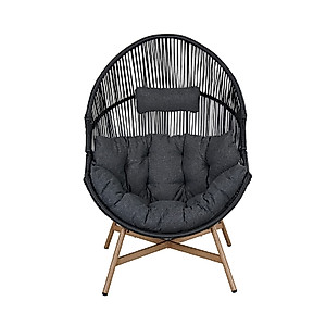 Grand patio Outdoor & Indoor Egg Chair 2PC, PE Wicker Open Weave Wood Grain Finish Oversized Egg Cocoon Chairs with Stand Lounge Chair Comfortable for Front Porch, Living Room, Bedroom (Dark Grey 2PC)