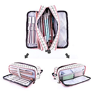 Oyachic Cute Plaid Pencil Case Large Striped Makeup Pouch Cosmetic Organizer Bags 3 Layer Zipper Pen Holder for Women School
