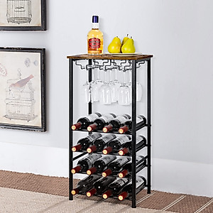 Wine Rack Table, FreeStanding Wine Bar Rack, Wine Bar Cabinet with GlassBottle Holder, Metal and Wood Industrial Wine Cabinet for Home, Floor Liquor Wine Cabinet Storage, for Bar Kitchen Dining, Brown