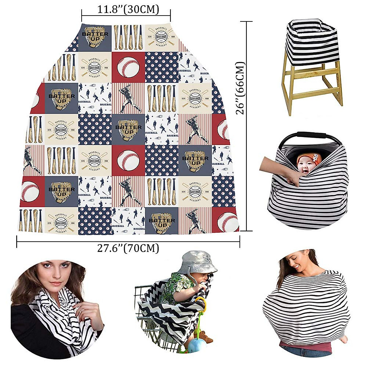Baby Nursing Covers for Breastfeeding, Baby Car Seat Canopy Covers Scarf for Boys Girls, Baseball Sport Canopy, Stretchy Soft Breathable Poncho Infant Stroller Cover, Red Navy Blue